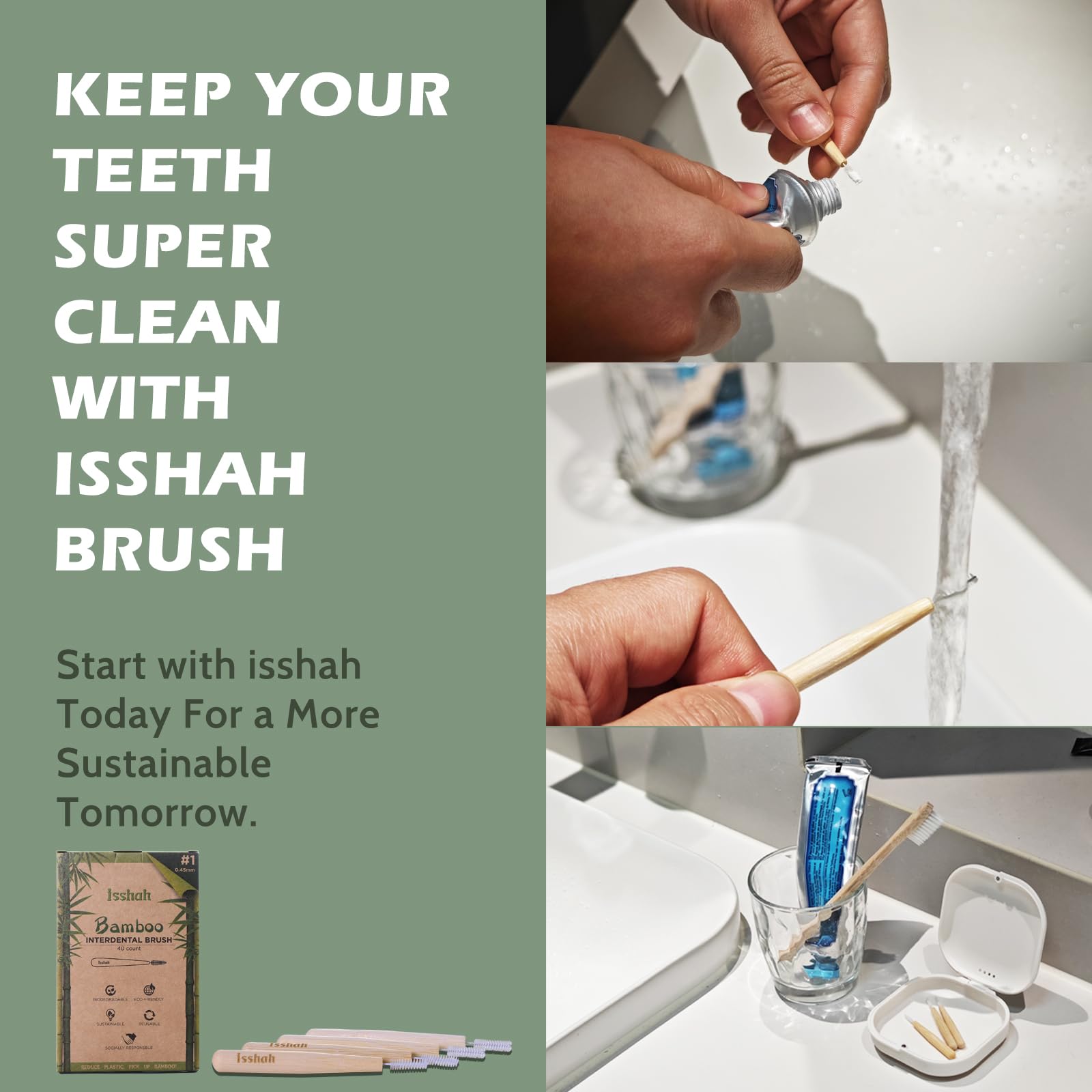 Isshah Biodegradable Bamboo Handle Interdental Brushes Between Teeth Cleaner Deep Clean Toothpick, FSC Certified and PETA Approved, Size 1 (0.45mm), 40 Count