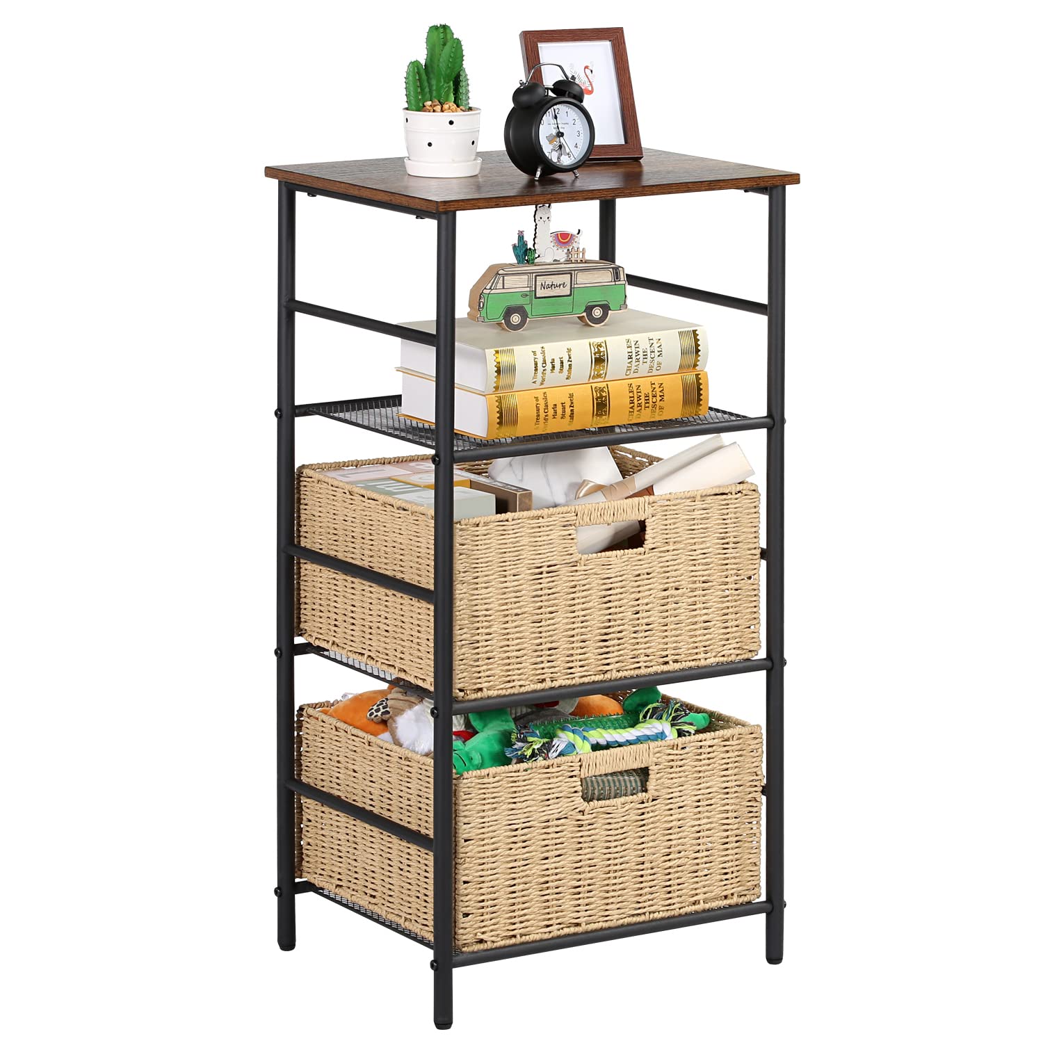 VECELO Tall Side Table, 3-Tier Telephone Stand with Storage Shelf and Baskets, High Nightstand for Small Space, Living Room, Bedroom, Office, Brown