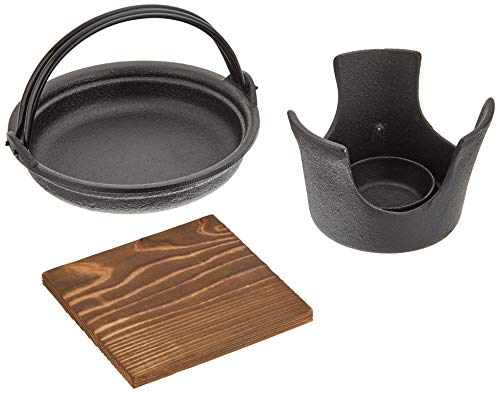 Asahi QSK41 Iron Southern Sukiyaki Pot Stove Set, Cast Iron/Wooden Base: Natural Wood, Japan
