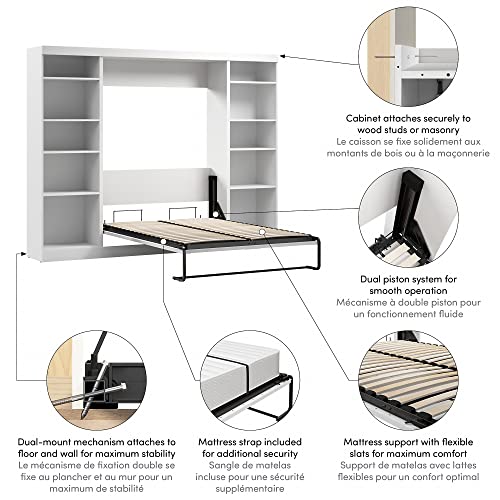 Bestar Pur Full Murphy Bed with 2 Shelving Units, 109-inch Space-Saving Wall Bed with Storage