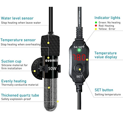 auomii Small Submersible Aquarium Heater,Adjustable Mini Fish Tank Heater 25/50/100/150/200/300 Watts with External Temperature Controller, LED Display, Smart Memory, Used for 1-60 Gallons