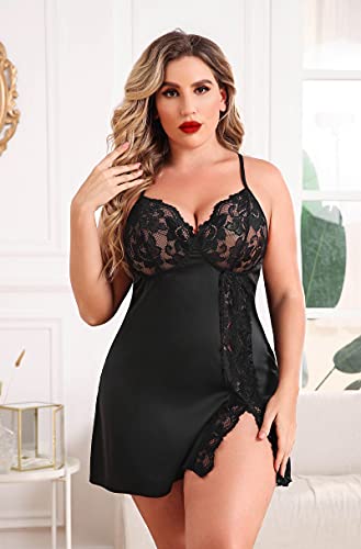 Avidlove Sexy Plus Size Lingerie Satin Lace Babydoll Mesh Strap Chemise Halter V Neck Black 22W