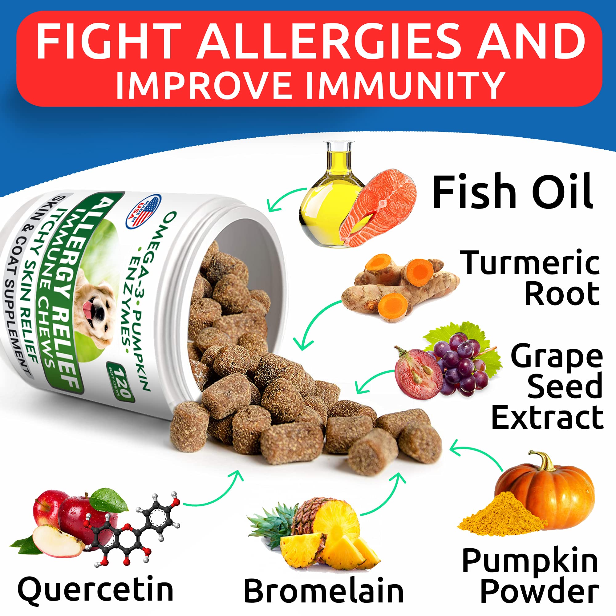 Allergy Relief + Omega 3 + Probiotics & Digestive Enzymes Bundle - Anti-Itch Skin & Coat + Joint Health + Pet Diarrhea Gas Treatment - Fish Oil + EPA & DHA Fatty Acids - 420 Chews - Made in USA