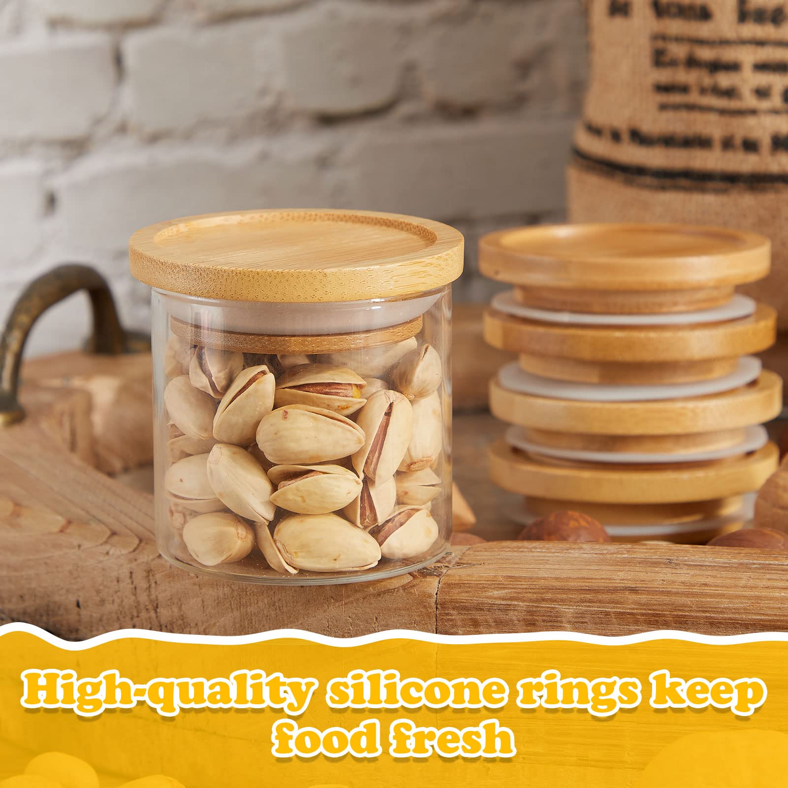 6 Pack Yogurt Jar Lids Set Bamboo Wood Lids with Silicone Sealing Rings Compatible with Oui Yogurt Jars Airtight Glass Storage