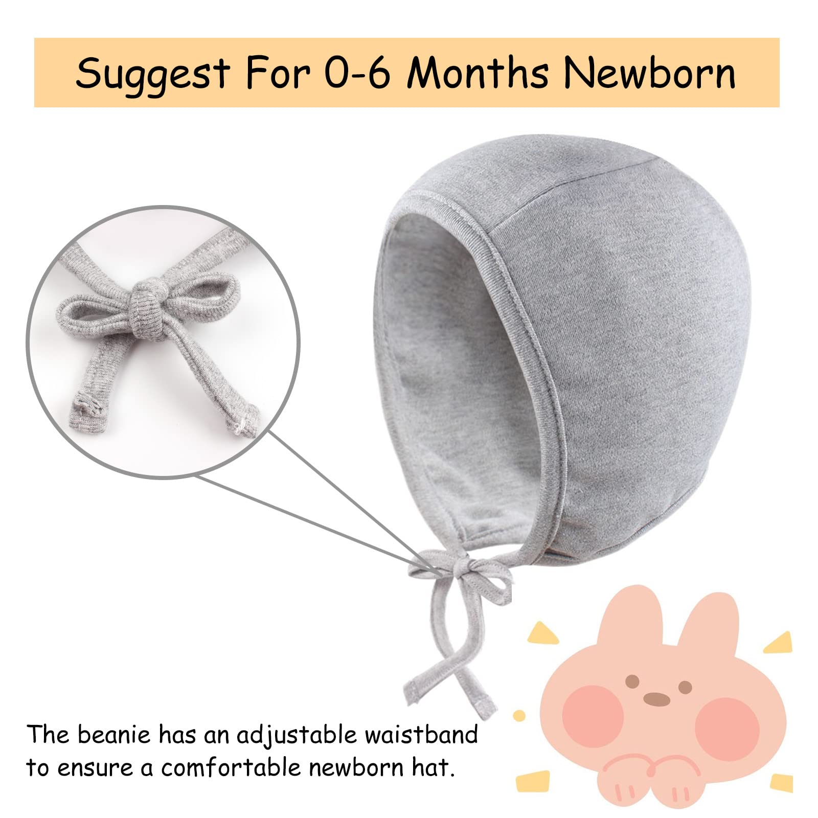 JANGANNSA Newborn Baby Hospital Hat Infant Set Head Cap Lovely Ears Belt Beanie 0-6Months (Blue+Gray+White,0-6Months)