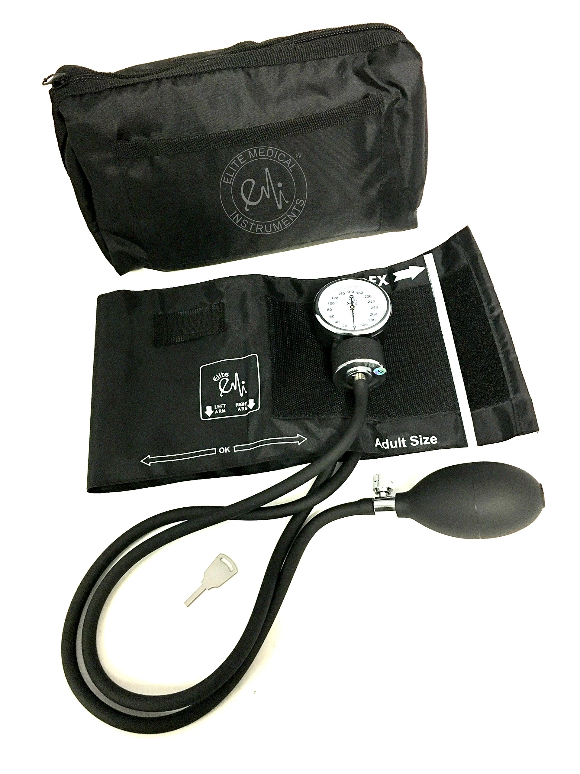 EMI Black Deluxe Professional Aneroid Sphygmomanometer with Self Calibration Key Manual Blood Pressure Monitor Set with Adult Cuff and Carrying Case