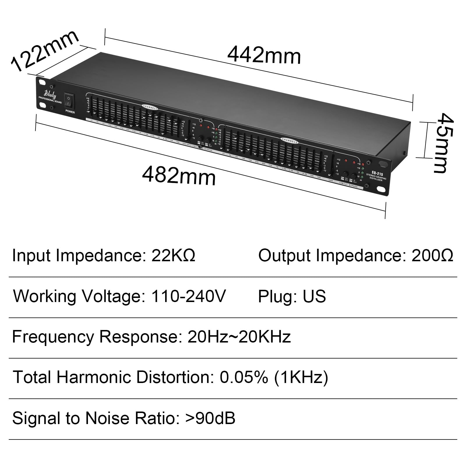 Btuty Audio Equalizer EQ-215 Dual Channel 15-Band Equalizer 1U Rack Mount 2-channel Stereo Graphic Equalizer Stereo Equalizer Graphic Equalizer