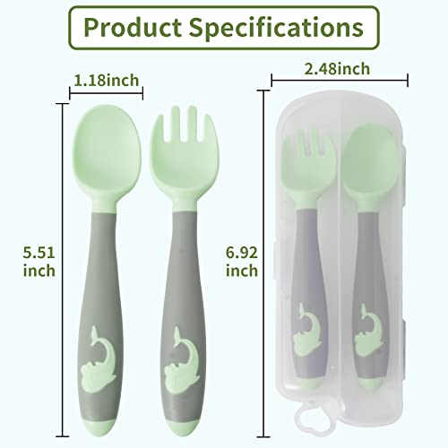 Baby Utensils Spoons Forks Sets with Travel Safe Case, Easy Grip Heat Resistant Bendable BPA Free Toddler Feeding Training Utensils Sets (2Pack,Green)