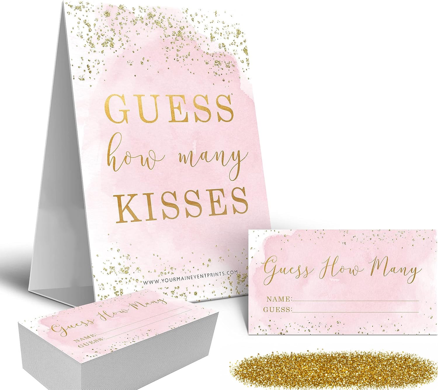 Your Main Event Prints Pink and Gold How Many Kisses Game Sign - Guess How Many - Perfect for Bridal Showers and Weddings - 1 Self-Standing Sign and 50 Guessing Cards