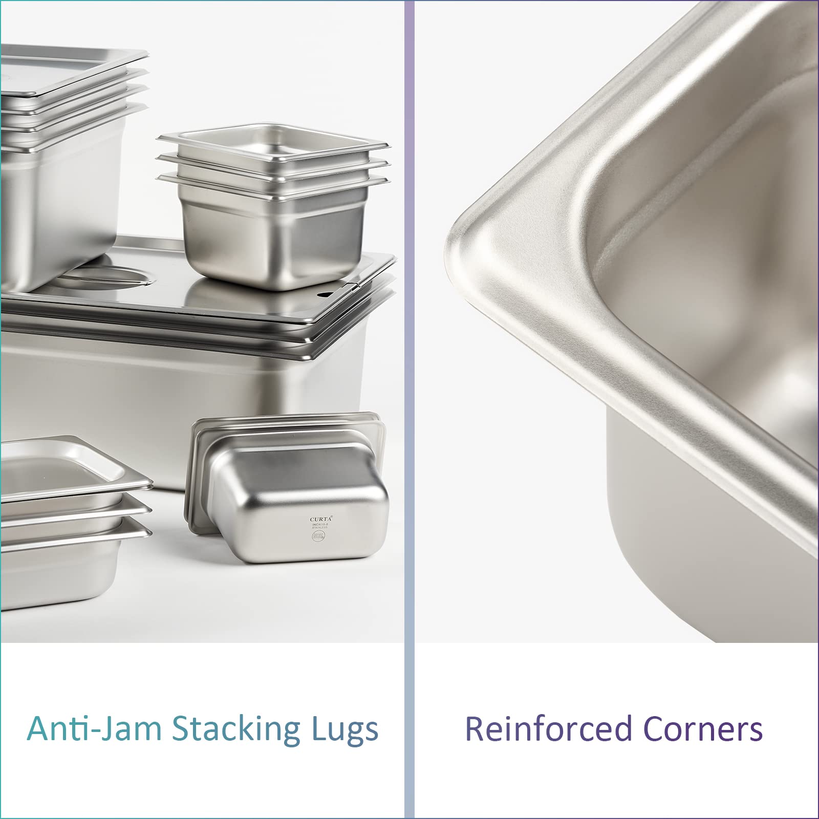 CURTA 6 Pack Anti-Jam Hotel Pans, 1/9 Size 4 Inch Deep, NSF Commercial 18/8 Stainless Steel Chafing Steam Table Pan, Catering Storage Metal Food Pan