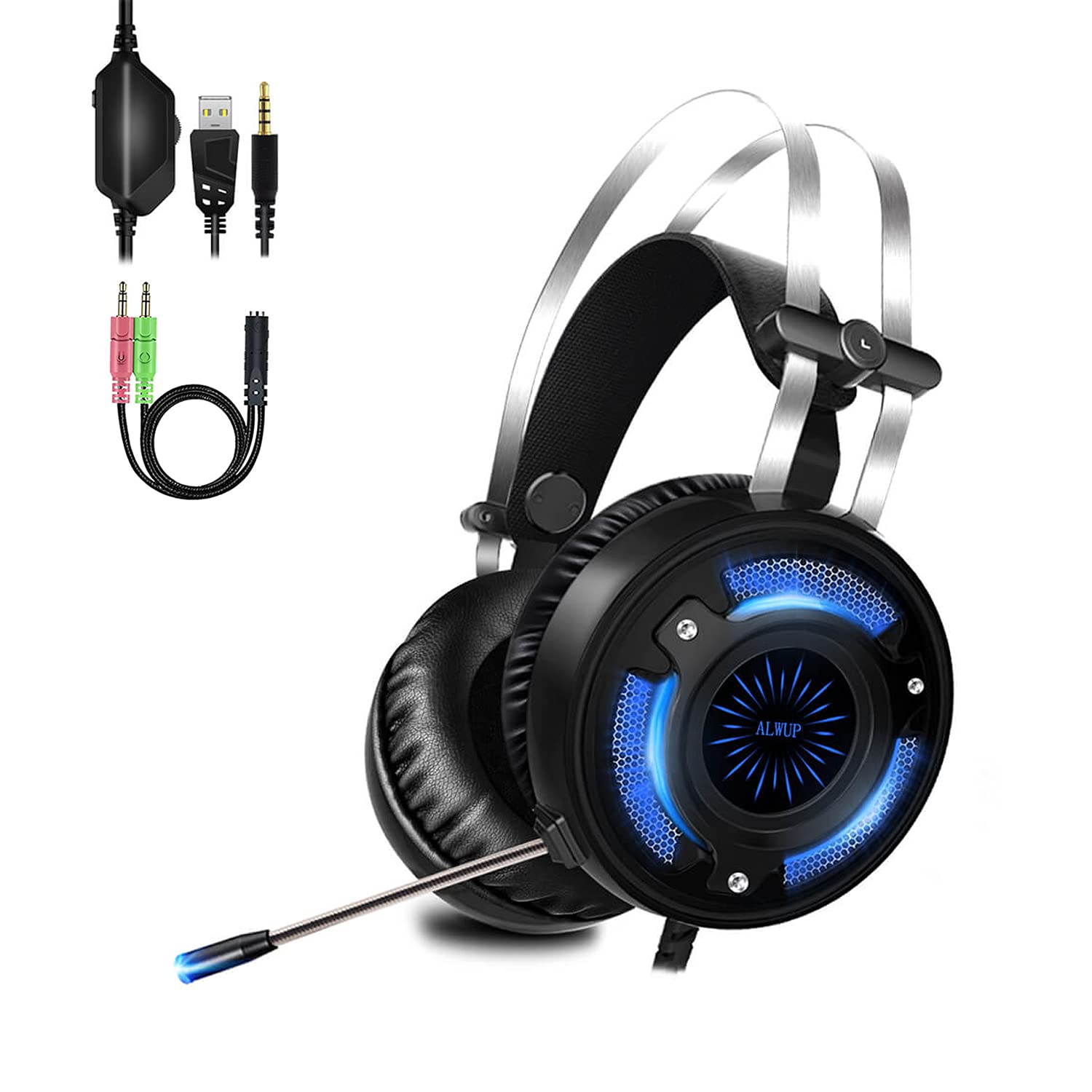 ALWUP Stereo Gaming Headset for PS4, Xbox One Headset, Lightweight Noise Cancelling Over Ear PC PS5 Gaming Headphones with Anti-Noise Mic, 50mm Drivers, Surround Sound, Soft Memory Earmuffs