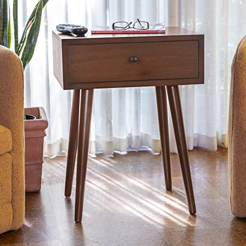 Decor Therapy Mid Century 1-Drawer Wood Side Table, Light Walnut