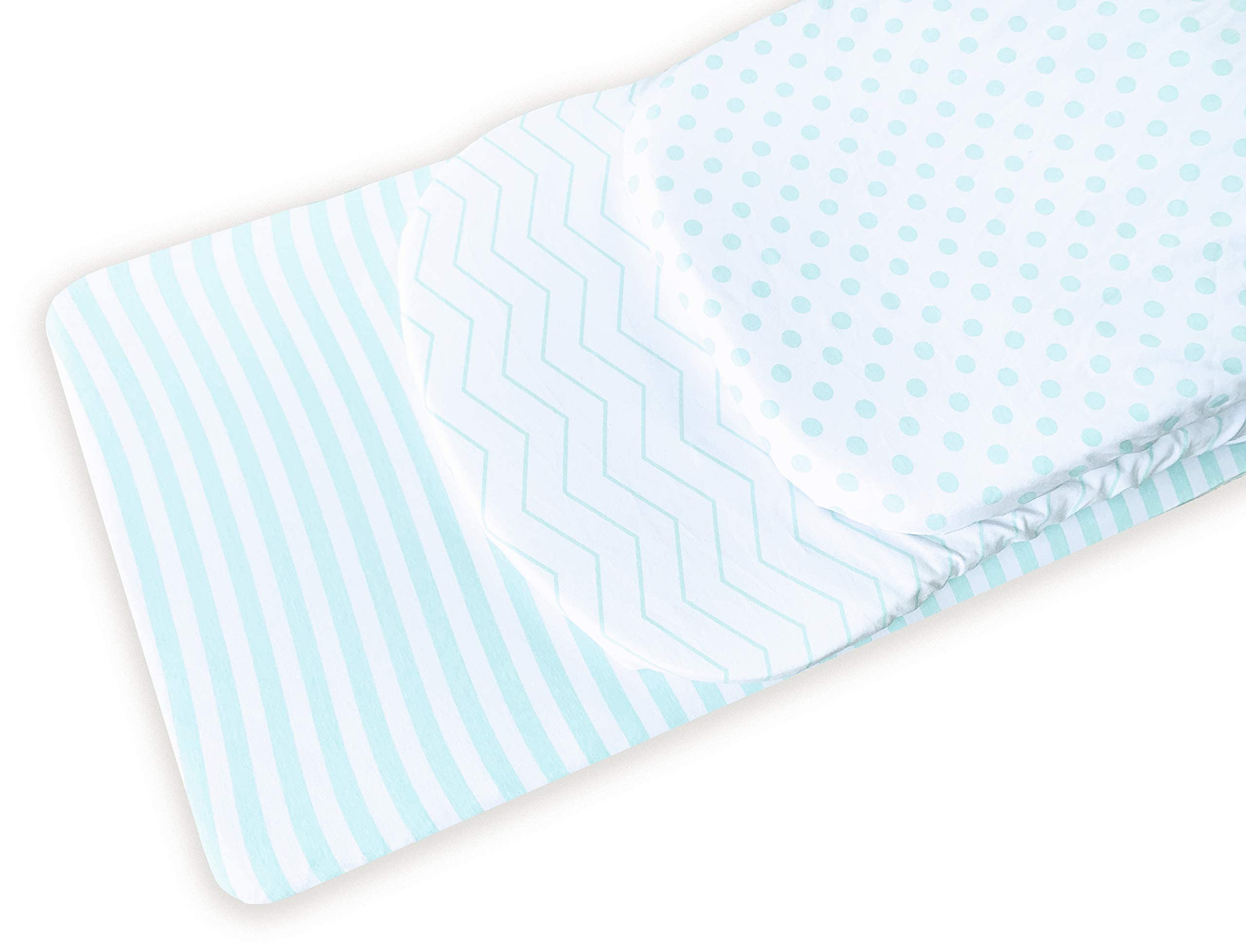 NODNAL CO. 3 Fitted Bassinet Sheets Mint Set Baby Girl/Boy - 100% Oeko-TEX Cotton - Gender Neutral Chevron Polka Dot Stripe Universal Fit - Cradle/Moses Basket Hourglass Oval Rectangle Mattress Sheet