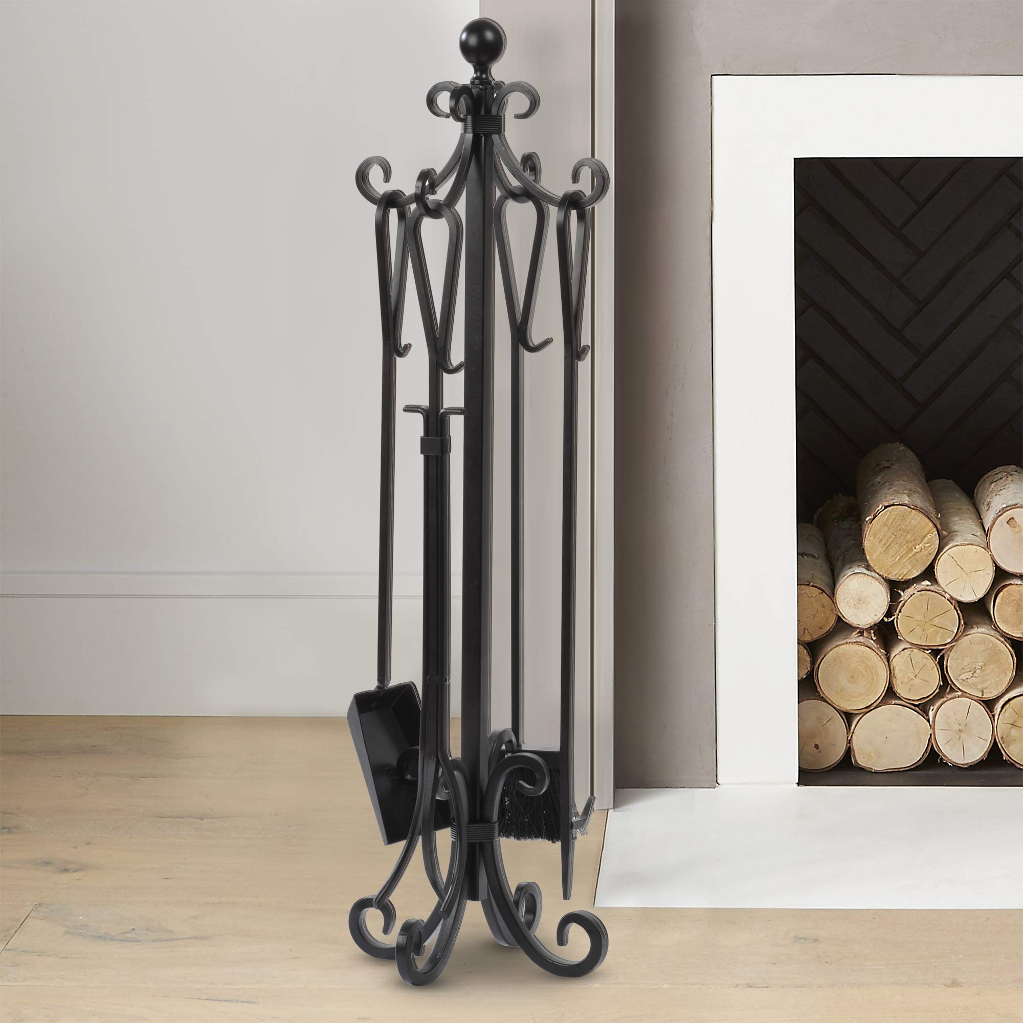 AMAGABELI GARDEN & HOME 5 Pieces Fireplace Tools Set Black Cast Wrought Iron Tool Set with Log Holder Fire Set Stand Scroll Rustic Antique Accessories Set