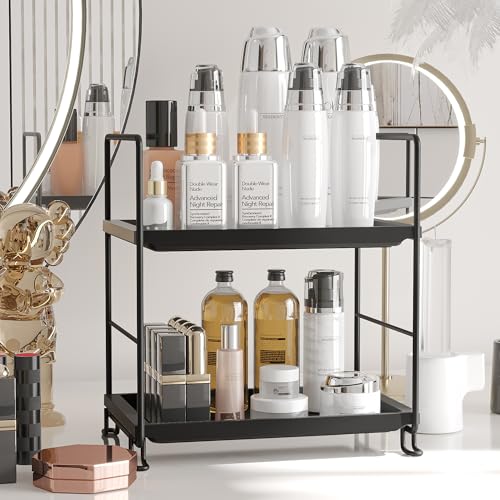 NLBTW 2-Tier Bathroom Counter Organizer, Thickened Plastics Makeup Skincare Perfume Organizers for Vanity, Tool-Less Installation Corner Countertop Organizer for Bathroom, Dresser, Kitchen (Black)
