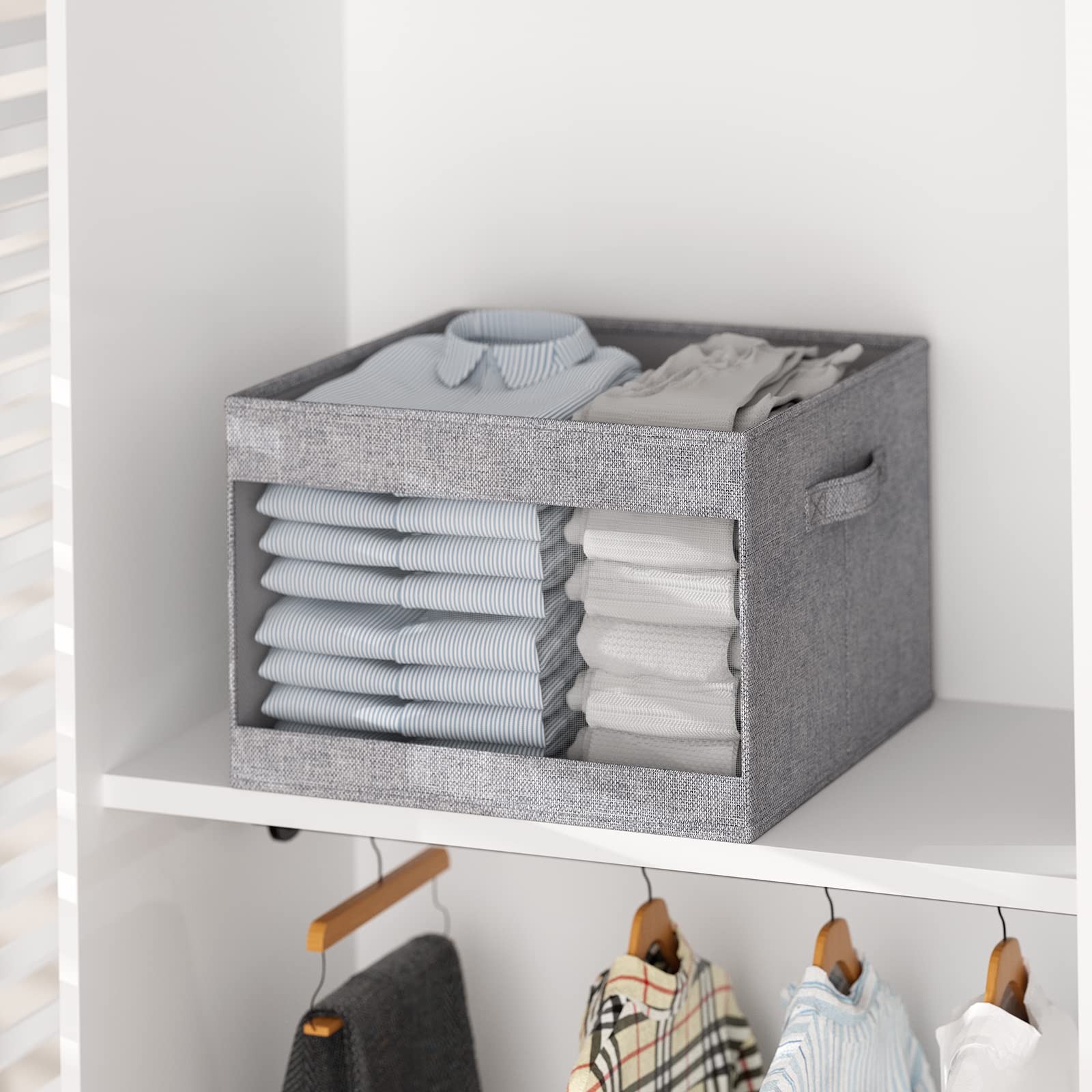 3 Pack Closet Storage Bins with Clear Window - Foldable Storage Cubes with Handles Clothing Baskets for Shelves Large Fabric Closet Organizers and Storage Bins for Clothes, Toys, Book (Gray 3pcs)