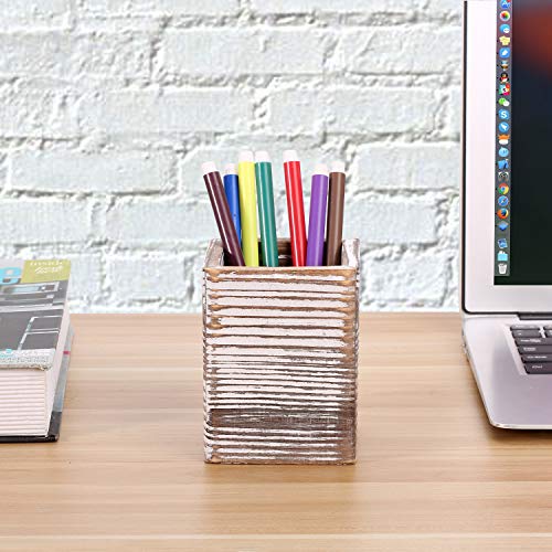 Homode Rustic Pen Holder, Wooden Pencil Holder for Desk, Decorative White Square Pen Cup Holder Organizer, Farmhouse Office Supplies and Home Desk Accessories