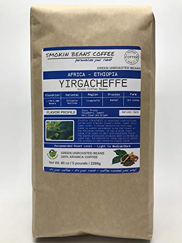 5 Pounds – African - Ethiopia Yirgacheffe - Unroasted Arabica Green Coffee Beans – Varietal Ethiopian Heirloom – Drying/Milling Process Washed SunDried – Unique Distinctive Taste - Includes Burlap Bag