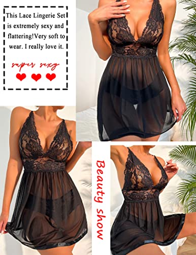 Avidlove Women V-neck Lace Babydoll Mesh Chemise Sleepwear Sexy Open Back Lingerie Black Large
