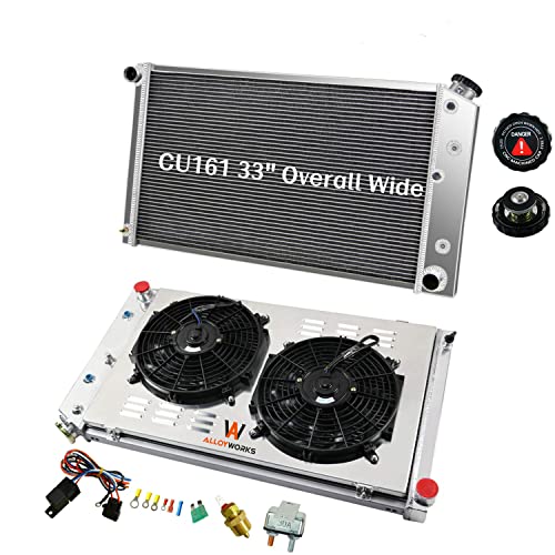 ALLOYWORKS CC161 4 Row All Aluminum Radiator for 1968-1980 Chevy Suburban K5 Blazer El Camino Malibu Jimmy Camaro Caprice Crossflow Radiators Shroud Fan Thermostat Relay Kit AT MT 33" Overall Width