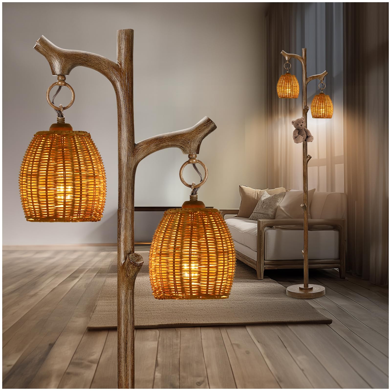 68" High Farmhouse Rustic Country Cottage Floor Lamp Tree Trunk Faux Wood Column Brown Finish Wicker Drum Shade Decor for Living Room Bedroom Reading Room