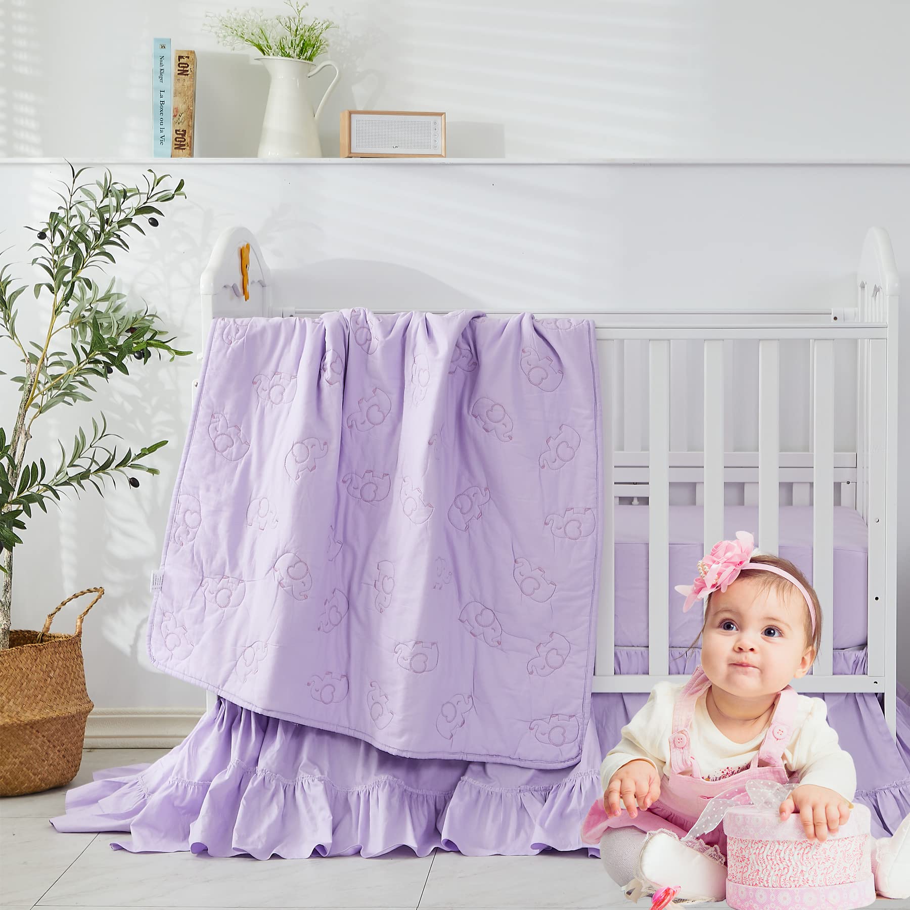 Brandream Crib Bedding Sets for Girls with Purple Elephant Embroidery 100% Washed Pure Cotton Baby Nursery Bedding Set 3 Pieces