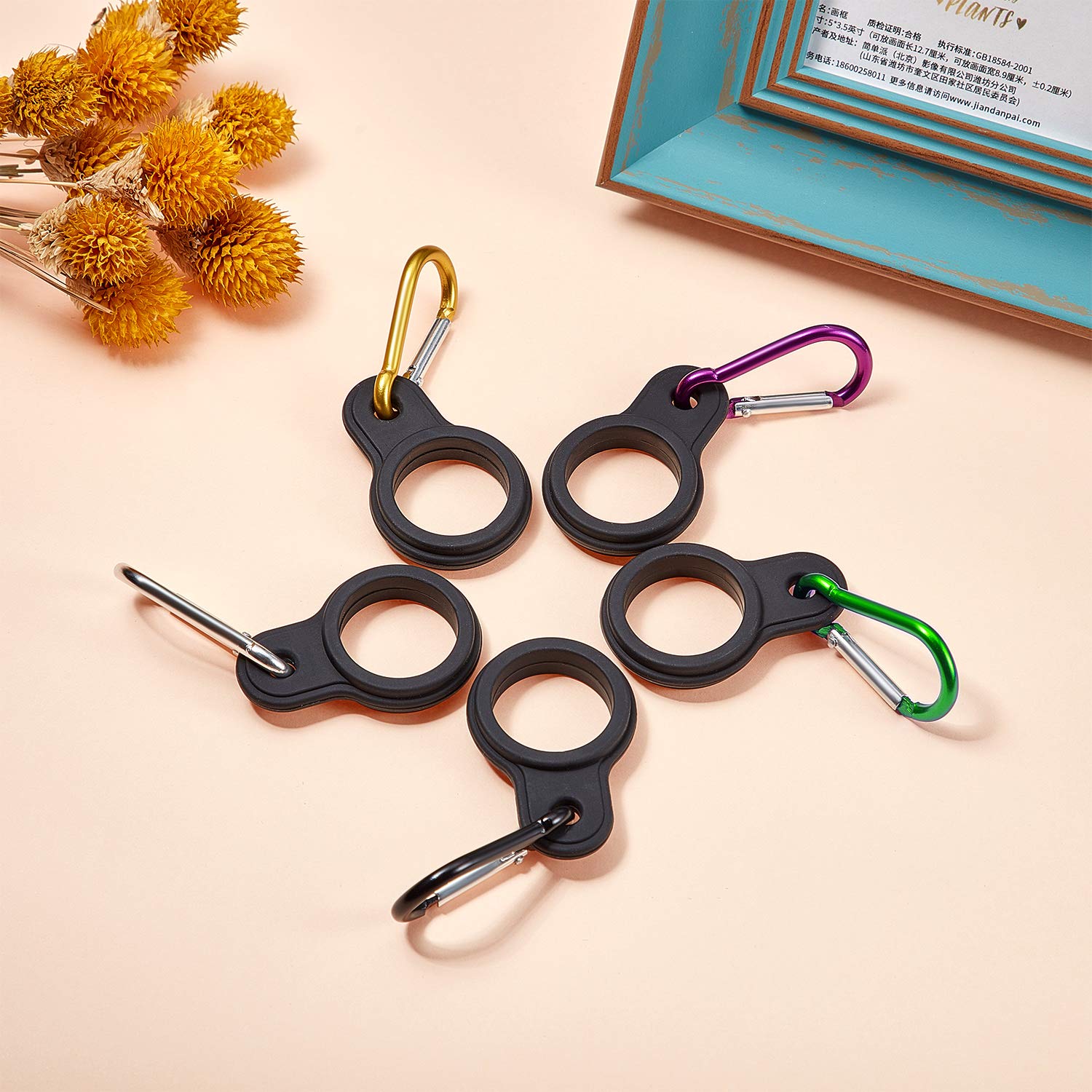 5 Sets Silicone Water Bottle Carrier with 5 Pieces Keychain Clip Key Ring Clip for Outdoor Activities or Daily Use