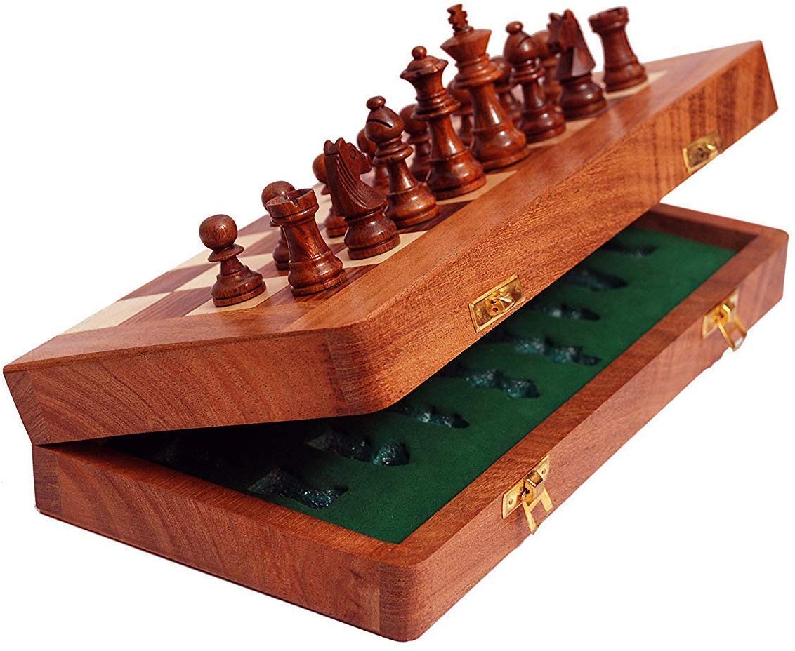 BCBESTCHESS Set, Premium Quality, Handcrafted Rosewood Unique Chess Board Set, Foldable Secure Storage for Magnetic Pieces with Extra Queens, Chess Set for Kids and Adults, Brown (16x16 Inches)