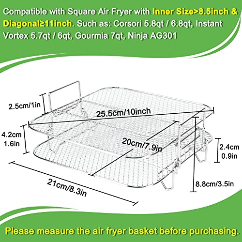 BYKITCHEN Square Air Fryer Rack for Cosori, Instant Vortex, Nuwave Air Fryer, 2pcs 8 inch Stackable Multi-Layer Stainless Steel Dehydrator Rack, Ninja Foodi Grill Square Air Fryer Accessories