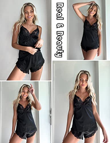 Avidlove Womens Pajama Set Satin Lingerie Sets Silk Lace Sleepwear Black Small