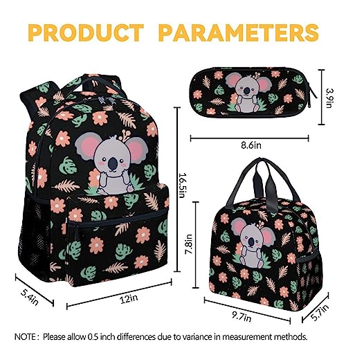 AIOMXZZ Koala Backpack with Lunch Box And Pencil Case, 16 Inch Cute Koala Bookbag Durable, Lightweight, Large Capacity, Funny Animal Backpack for School Girls Kids Women