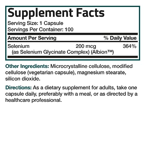 Bronson Selenium 200 mcg for Immune System, Thyroid, Prostate and Heart Health โ Yeast Free Chelated Amino Acid Complex - Essential Trace Mineral with Superior Absorption, 100 Vegetarian Capsules