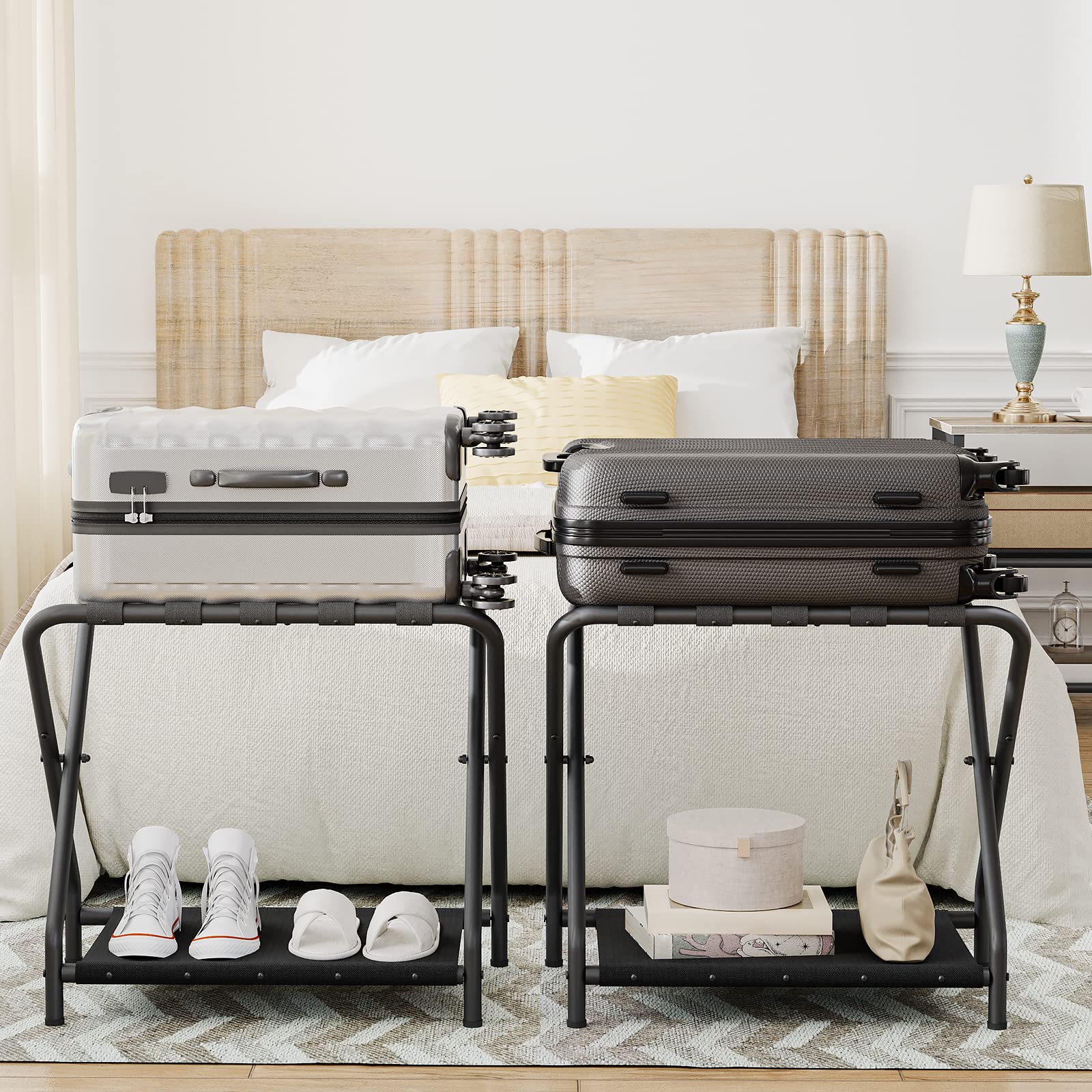 HOOBRO Luggage Rack, Folding Suitcase Stand with Fabric Storage Shelf for Guest Room, Bedroom, Hotel, Holds up to 100 lb, 27 x 15.3 x 22 Inches, Space Saving, Black BK04XL01