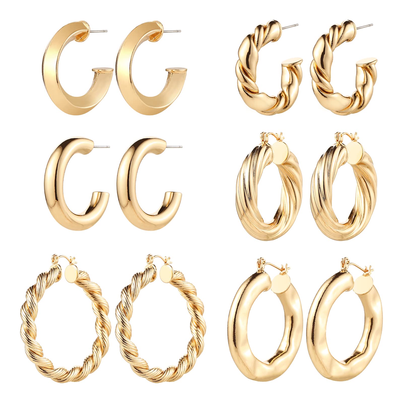 6 Pairs Gold Chunky Hoop Earrings for Women,14K Gold Plated Twisted Huggie Hoop Earring Set Hypoallergenic,Thick Open Hoop Earrings Packs Lightweight. (6 New Gold Hoops)
