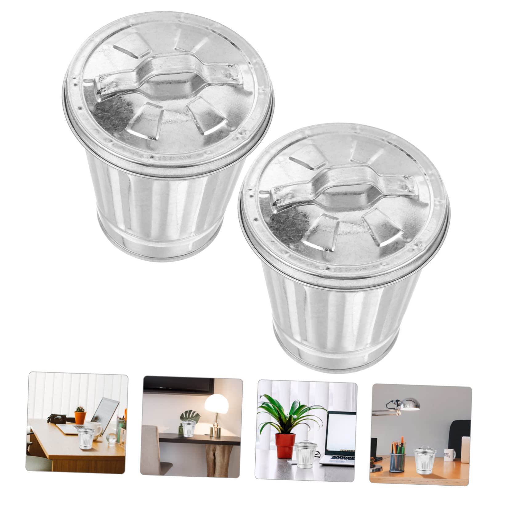 HOMSFOU 2pcs Tin Bucket with lid Litter Container Vintage Utility Pail dust bin Garbage Bucket Table Trash can Mini pots Countertop Trash Container Plant Office Galvanized Iron Miniature