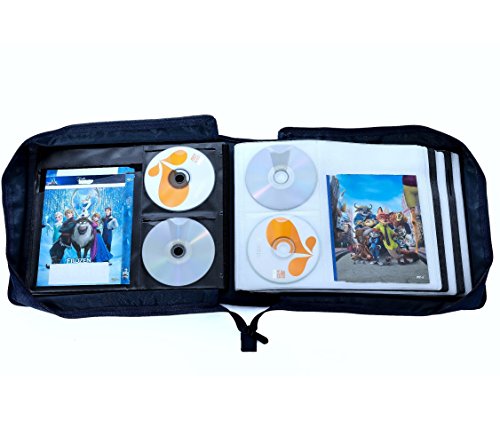 DVD CD Storage Case with Extra Wide Title Cover Pages for Blu Ray Movie Music Audio Media Disk (Portable Carrying Binder Holder Wallet Album Home Organizer)- Blue, 192 Disk Units, 96 Booklet Pockets