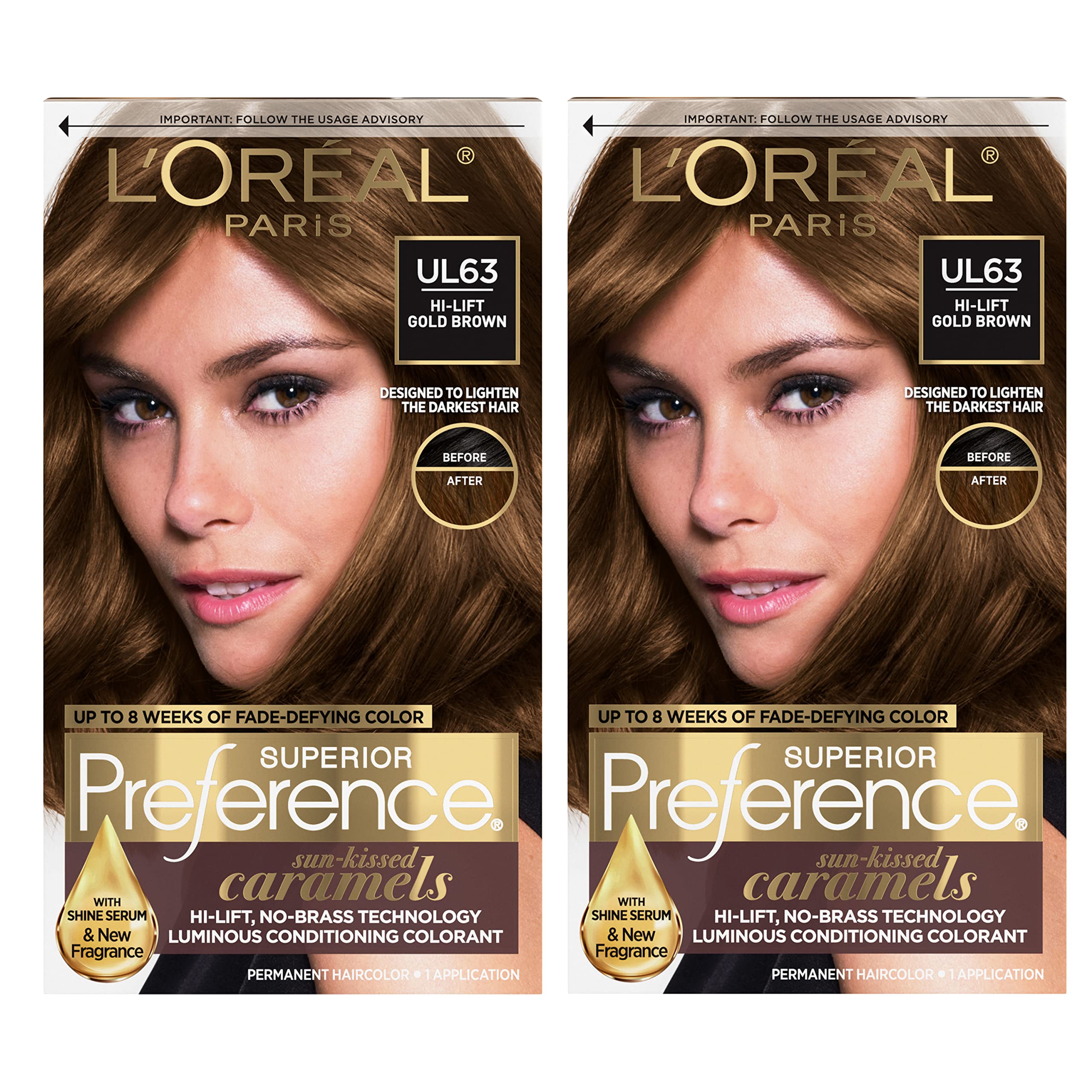 L’Oréal Paris Superior Preference Fade-Defying + Shine Permanent Hair Color, U163 Hi-Lift Golden Brown, Pack of 2, Hair Dye