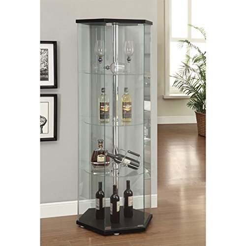 Coaster Home Furnishings 950276 Traditional Glass Hexagon Shaped Curio Cabinet with Three Round Shelves, 24" D x 24" W x 63.5" H, Black