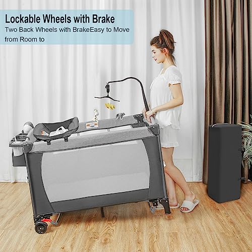 5-in-1 Pack and Play, Baby Bassinet Bedside Sleeper with U-Shaped Diaper Changer, Portable Baby Playard for Newborn Toddlers, Baby Crib with 4 Adjustable Height, Carry Bag, Easy to Install