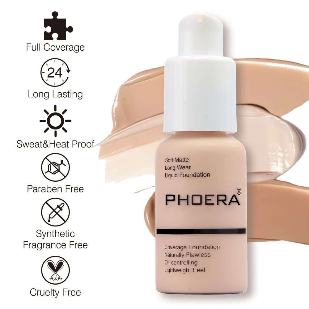 ABRUS® - PHOERA Foundation, Full Coverage Foundation, Soft Matte, Oil Control Concealer, Foundation Makeup Face Make up Long Lasting 24HR Waterproof 30ml (1 Piece - 102 Nude)