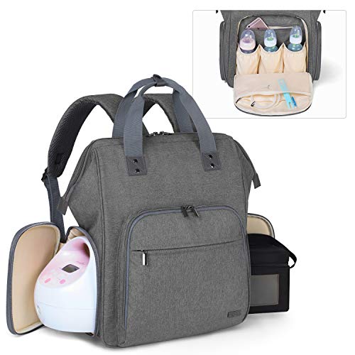 LUXJA Breast Pump Bag with Compartments for Cooler Bag and Laptop, Breast Pump Backpack with Breastmilk Bottle Pockets (Fits Most Major Breast Pump, Suitable for Working Mothers), Gray