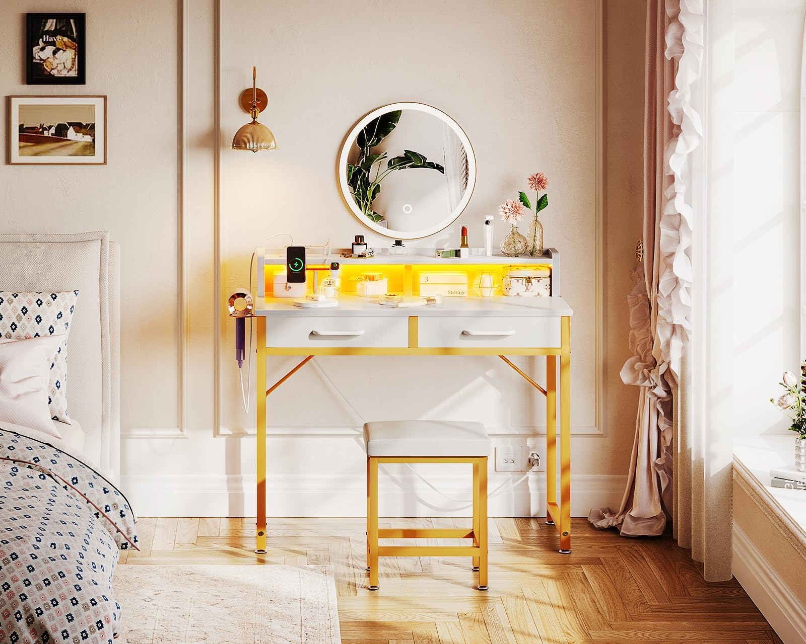 AODK Vanity Desk with Vanity Chair, Makeup Vanity with LED Lights, White Small Vanity Desk Without Mirror, 32 Inch Makeup Table for Small Space with 2 Fabric Drawers, Desk Make Up Vanity for Girls