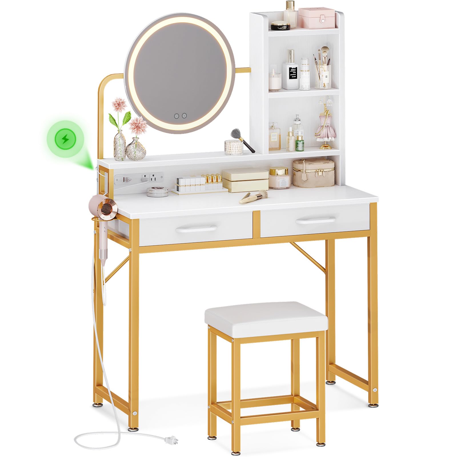 AODK Vanity Desk with Mirror and Lights, 32 Inch Makeup Vanity Mirror with Lights Desk and Chair, Small Vanity Desk Mirror for Bedroom, White Vanity Table with Fabric Drawers Makeup Table Desk, White