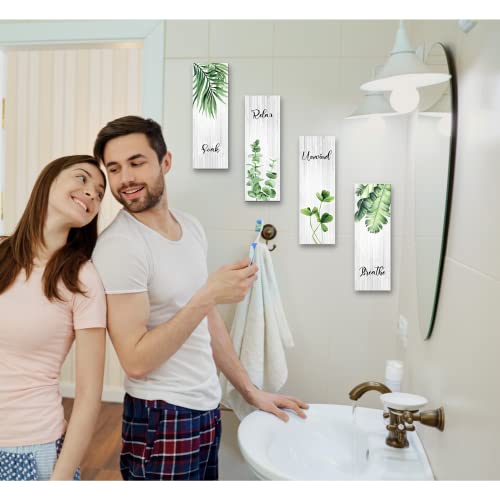 Creoate Bathroom Wall Decor 4 Pieces Relax Soak Unwind Breathe Sign Green Wall Decor with Botanical Leaf Art Print Set, Wood Plaque Hanging Decor for Bathroom Decor, Small 4 x 12 Inch x4pcs
