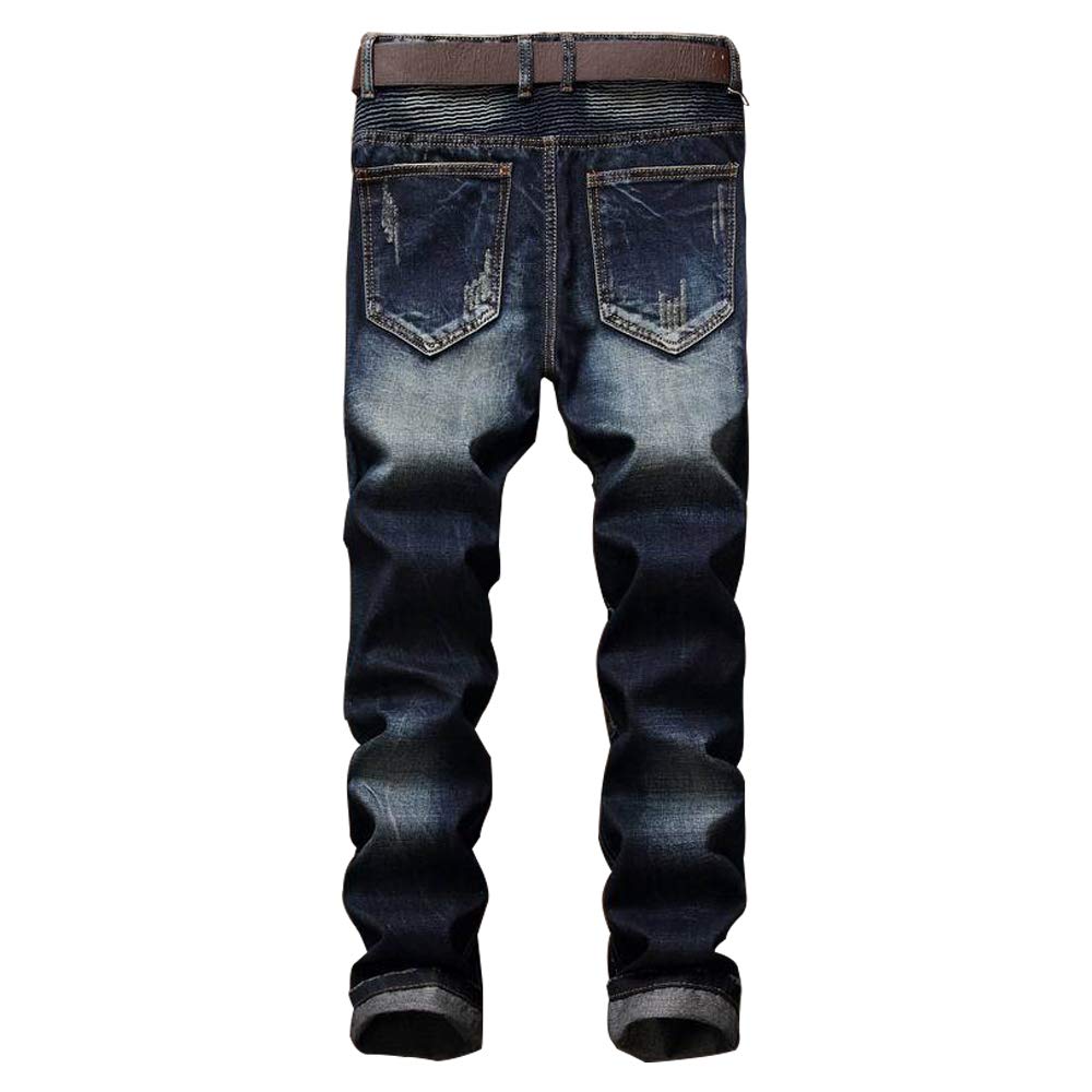 AITITIA Men's Biker Zipper Deco Washed Straight Fit Jeans (30W x 31L, Dark Blue)