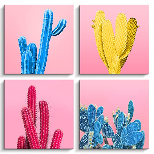 Creoate Pink Cactus Wall Art for Living Room Decor, 4 Panels Tropical Plant Picture Framed Canvas Print Artwork Set Wall Decor…