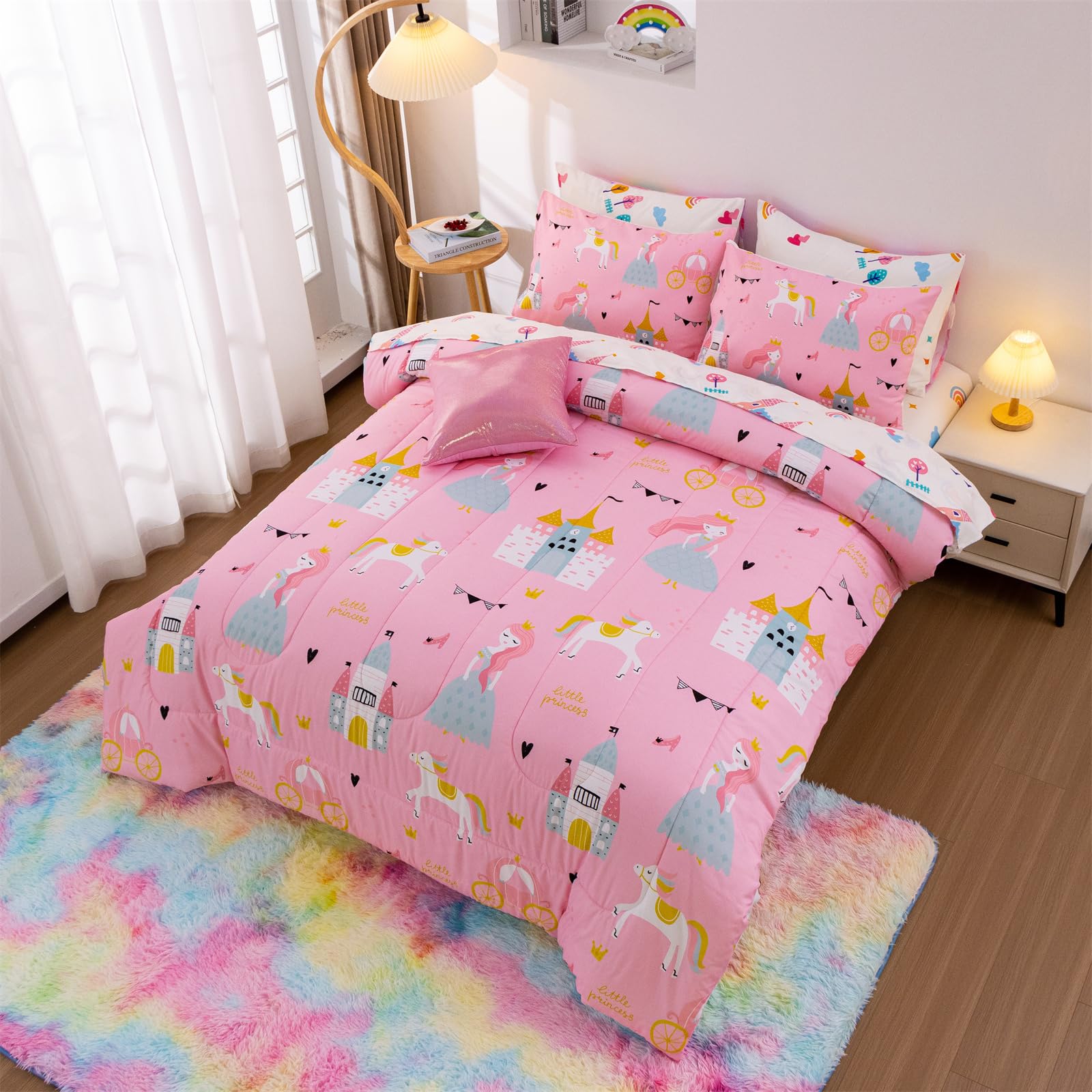 A Nice Night Pink Princess Comforter Set,Bed in A Bag Twin Size 6 Piece Princess Tales Castle Carriage Bedding Set for Girl,Kids