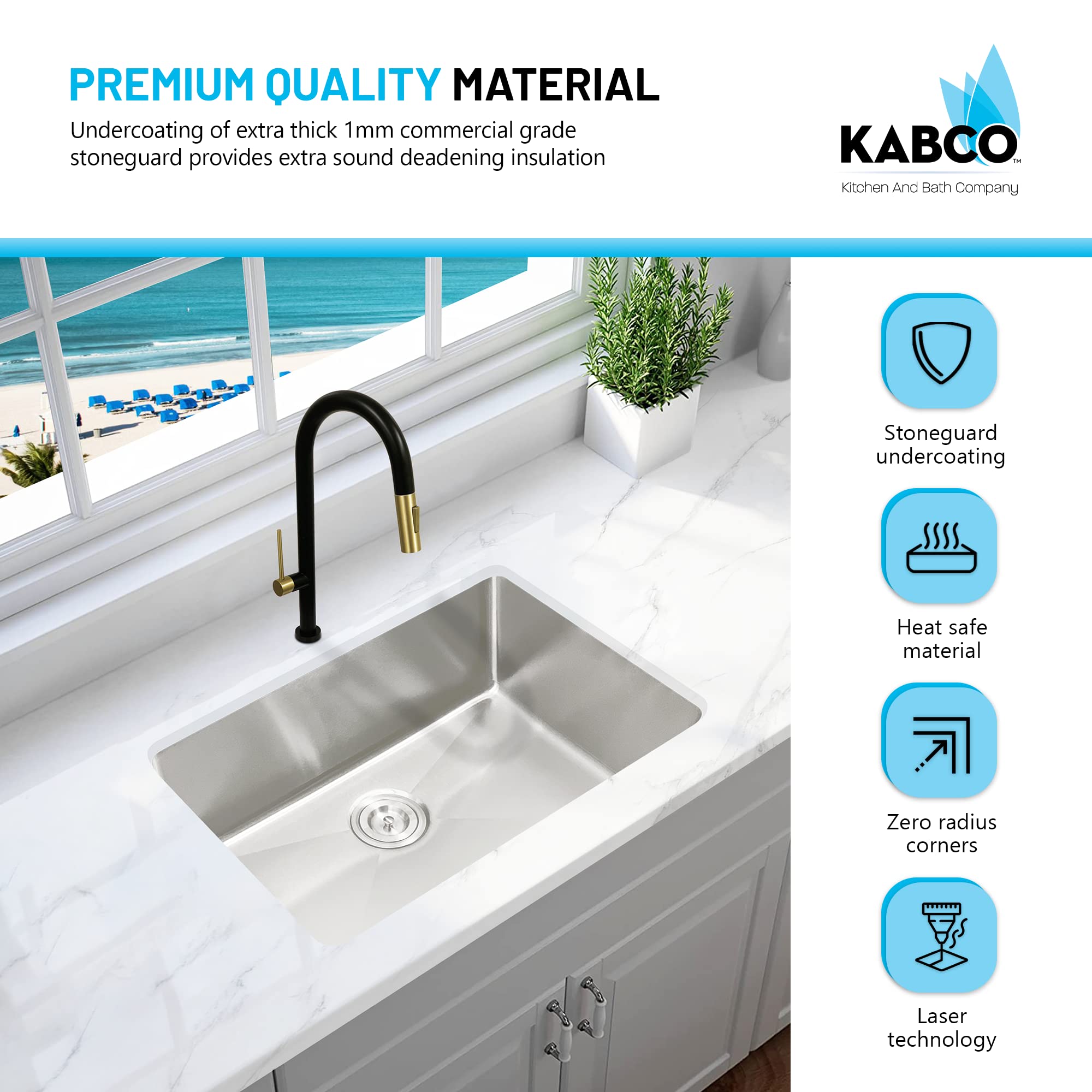 KABCO 18 Gauge 27 Inch Single Bowl Undermount Stainless Steel Kitchen Sink, Rust Resistant Sound and Heatproof Laser Cut Tight Radius SInk for Indoor or Outdoor Kitchens