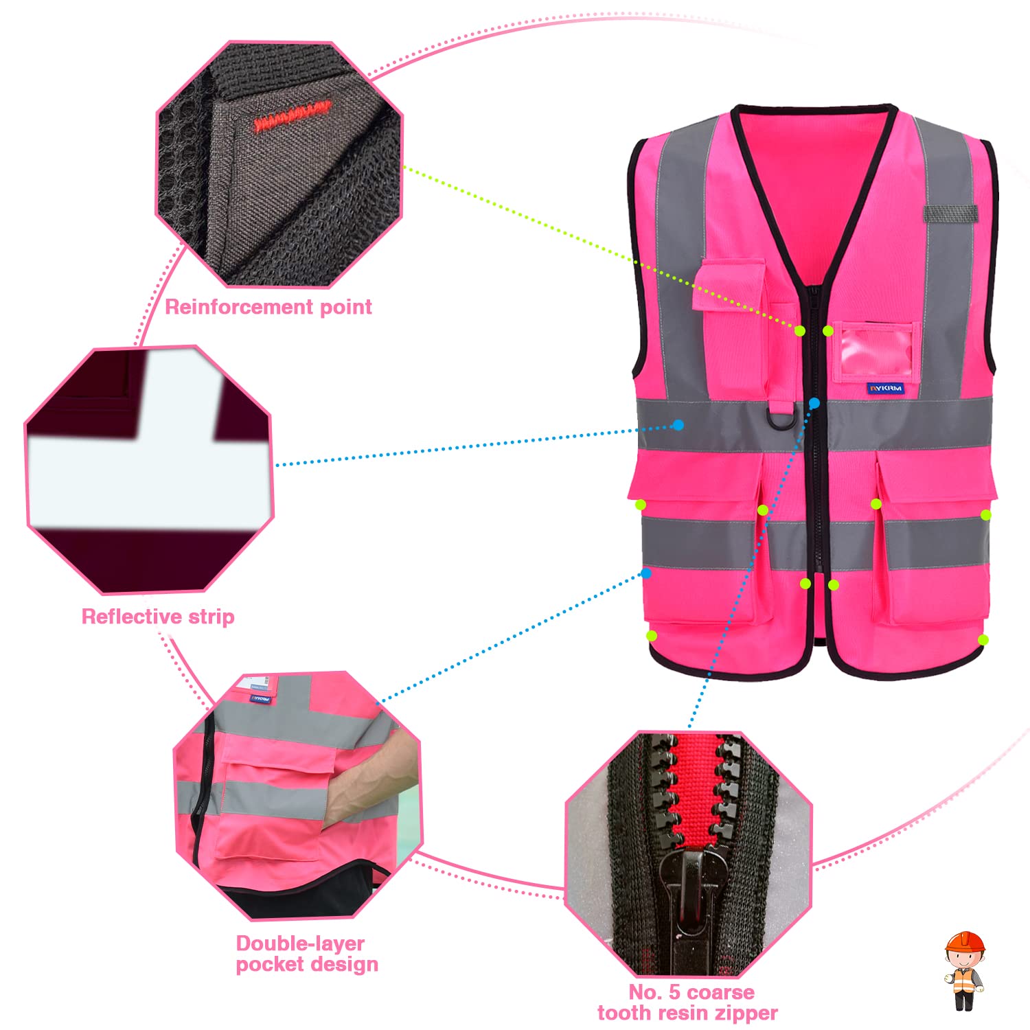 A-SAFETY Pink High Visibility Vest,Reflective Safety Vest Workwear 7 Pockets Hi Vis Durable Vest with Reflective Tapes 4 Lower Pockets,Small