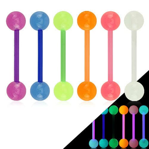 6 Pc Glow in The Dark Bioflex Barbells Tongue Nipple Rings 14G 5/8" No Metal